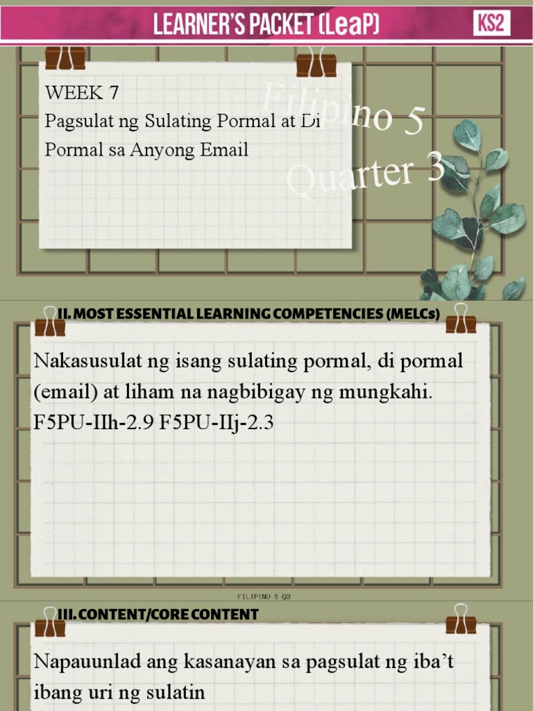FILIPINO 5 QUARTER 3 WEEK 7-Pagsulat NG Sulating Pormal at Di Pormal Sa ...