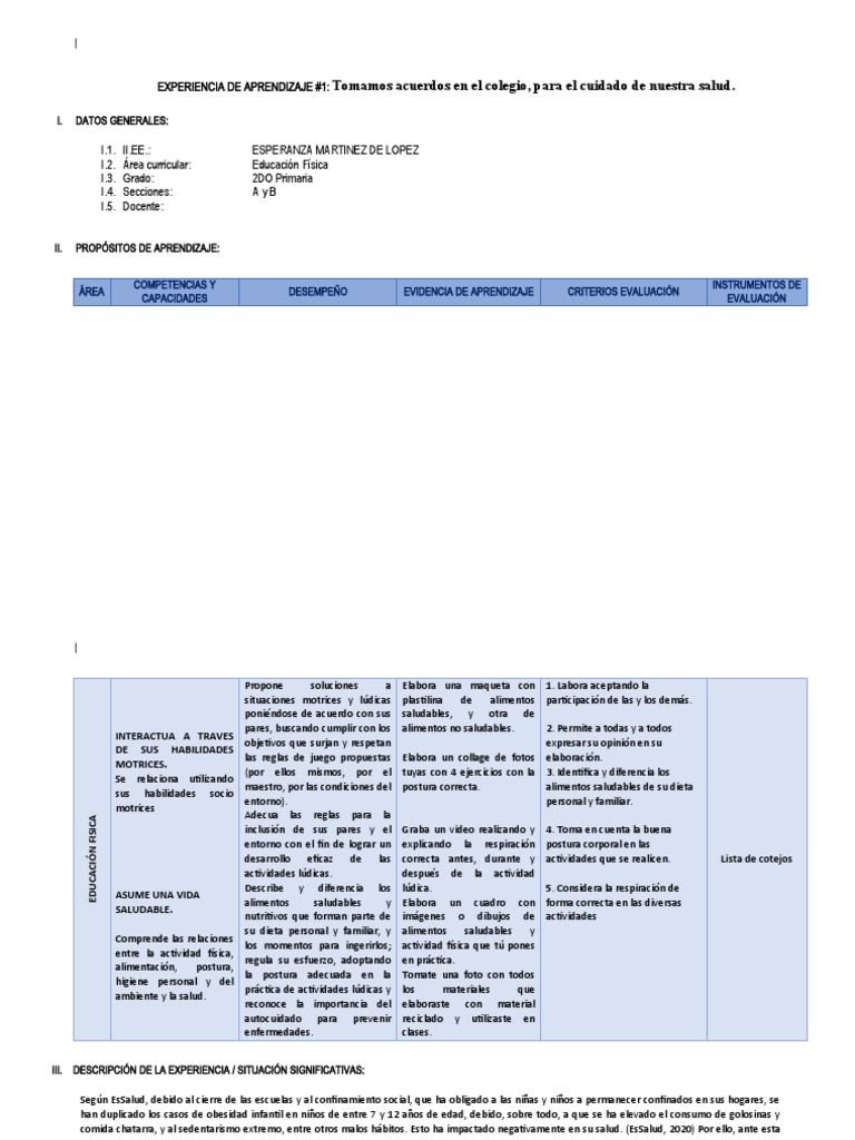 Eda #01 2do Primaria | PDF | Evaluación | Dieta