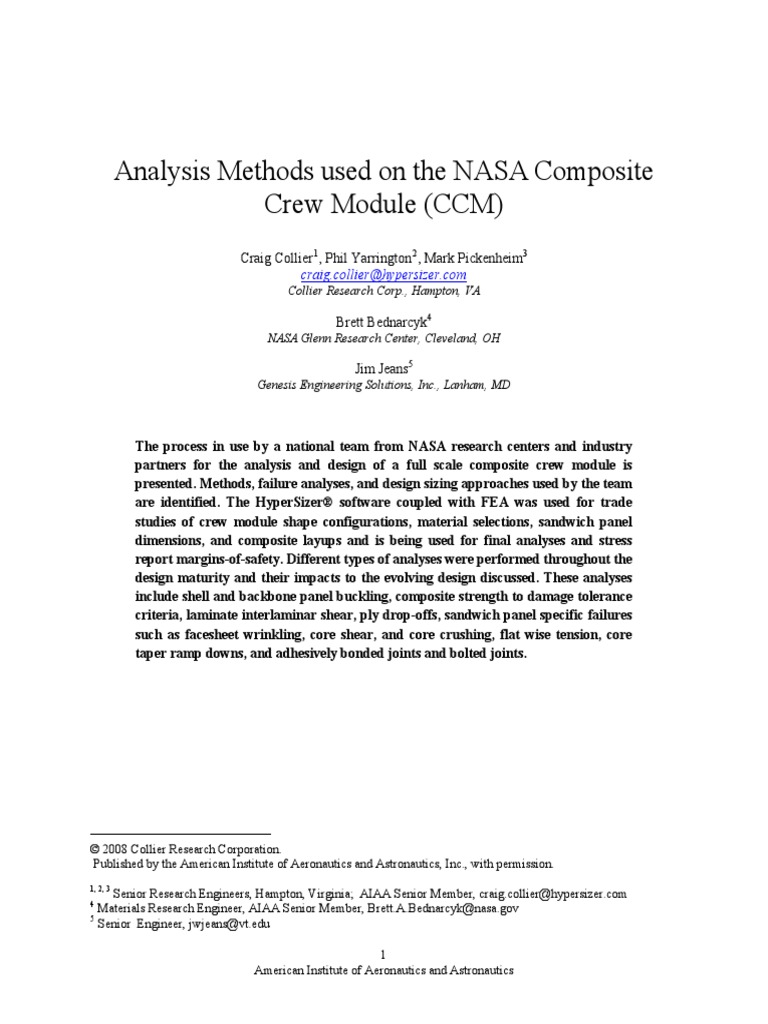 Analysis Methods Used On The NASA Composite - Crew Module PDF | PDF | Finite Element Method ...