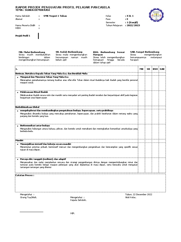 Rapor P5 SMK KuMer Contoh PDF | PDF | Karier & Perkembangan