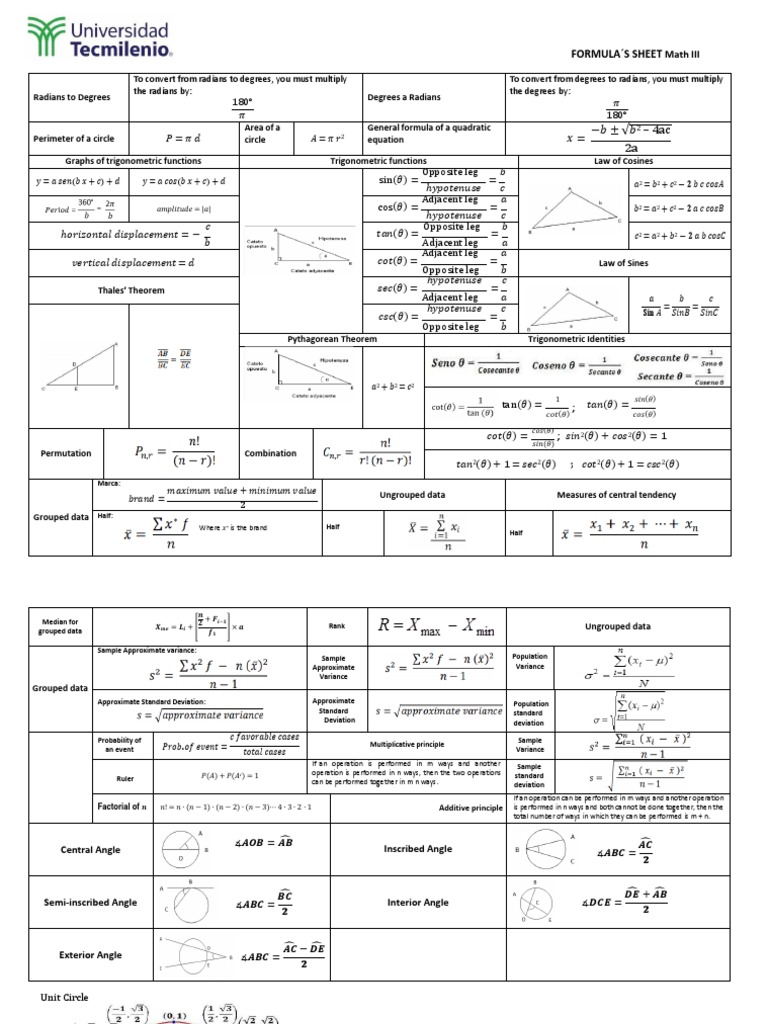 Math III Formulas and Conversions Guide | PDF | Trigonometric Functions ...