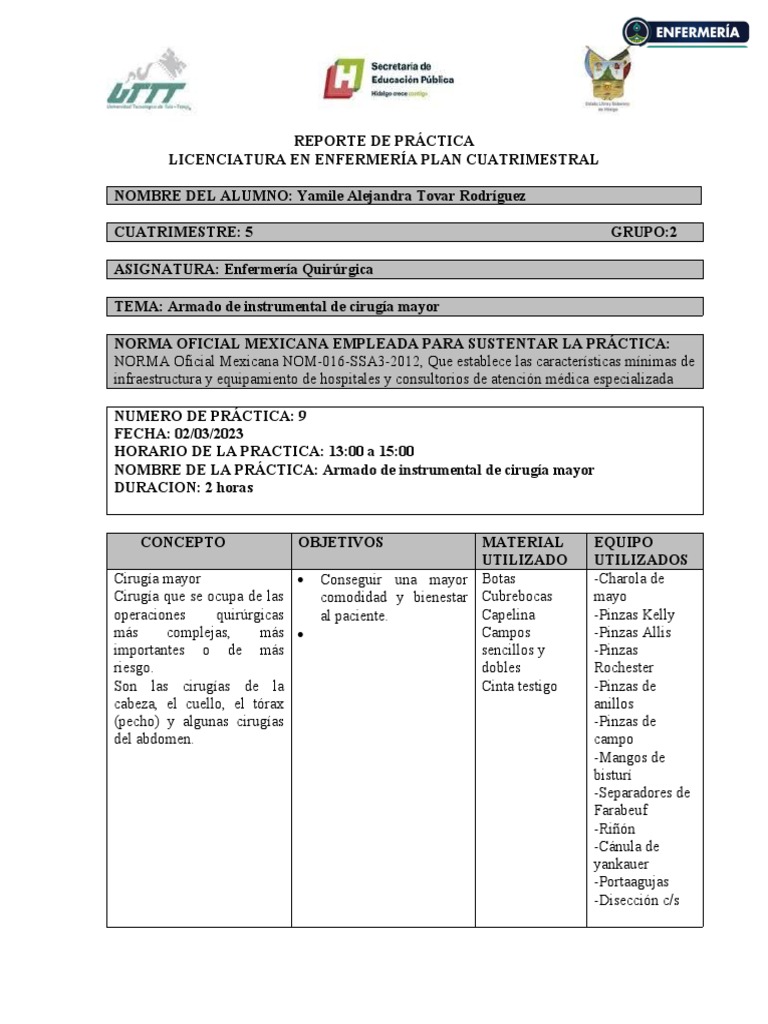 Formato Reporte de Practica. | PDF | Cirugía | Enfermedades y trastornos
