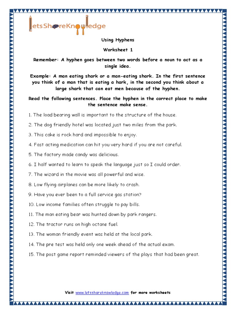 Hyphen Grade 5 English Resources Printable Worksheet 1 | PDF