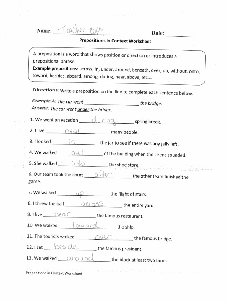 Preposition in Context Worksheet | PDF