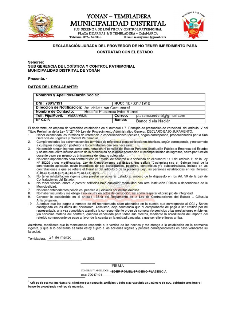 Declaracion Jurada Proveedores PDF | PDF | Corrupción política