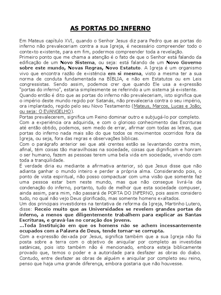 01 - AS PORTAS DO INFERNO - Pr. Tupirani | PDF | Bíblia | Jesus