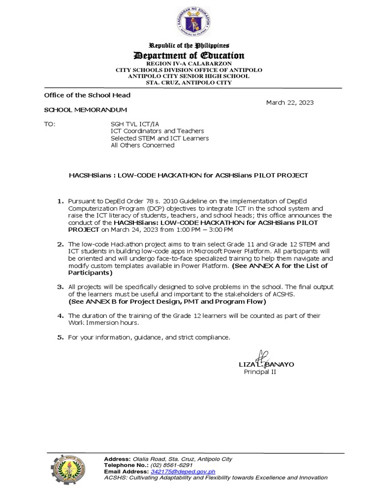 HACSHSians Low Code Hackathon Memo | PDF | Information And Communications Technology | Computing