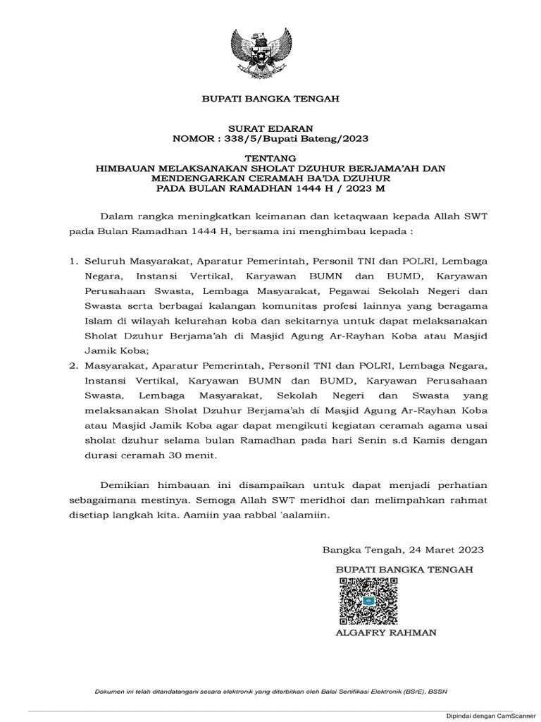 Surat Himbauan Bupati Bangka Tengah | PDF