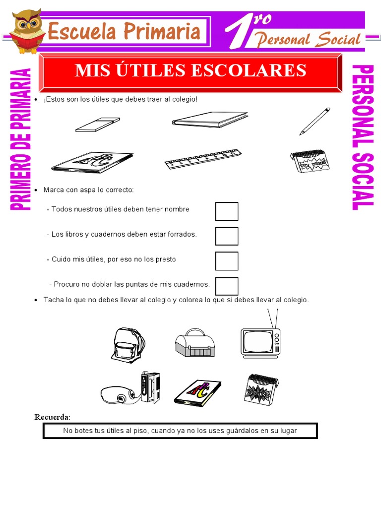 Mis Utiles Escolares para Primero de Primaria | PDF