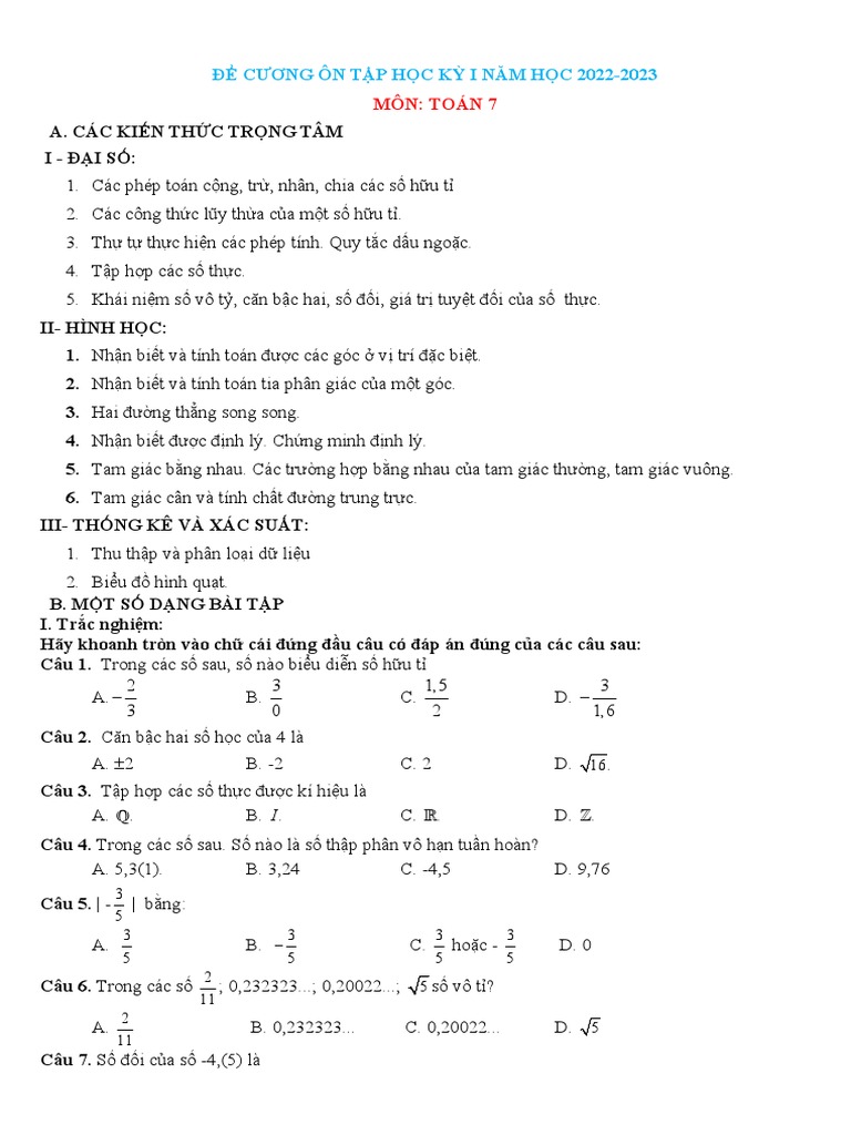 De Cuong On Tap Hoc Ki 1 Toan 7 Ket Noi Tri Thuc PDF | PDF