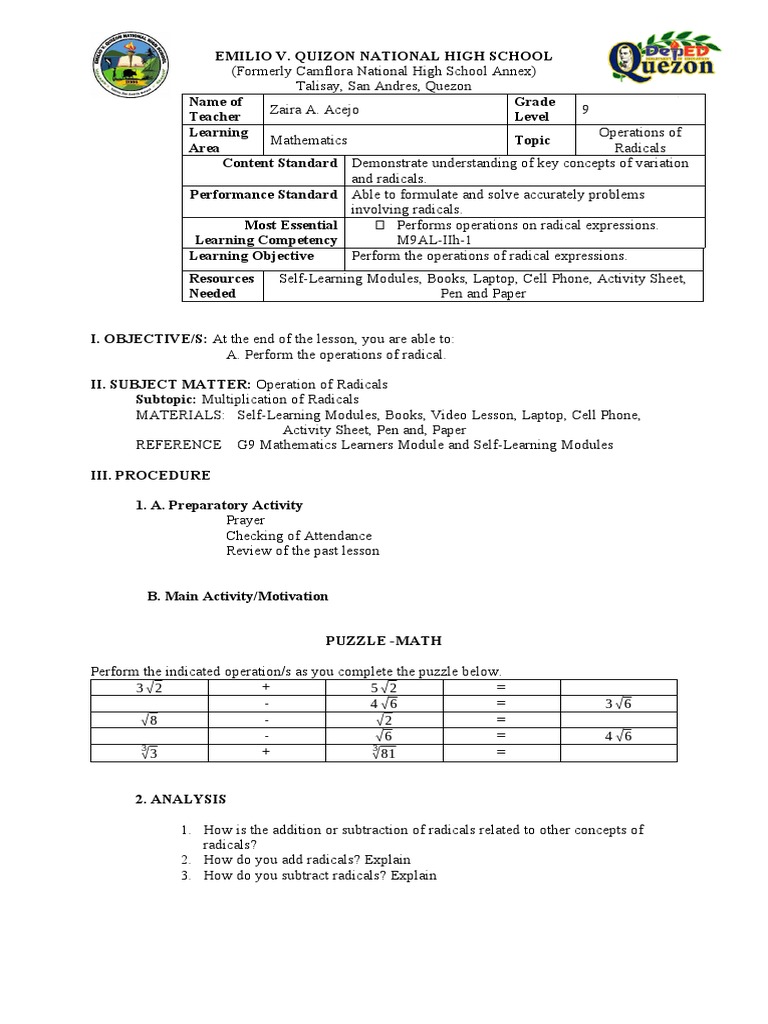 Lesson Plan of Operations of Radicals 2 | PDF | Learning | Mathematics