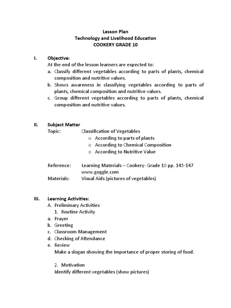 Cookery Lesson Plan | Download Free PDF | Vegetables | Plants