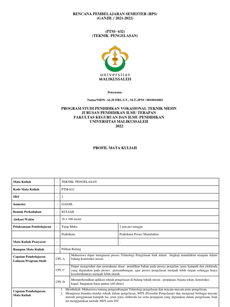 RPS TEKNIK PENGELASAN PVTM | PDF