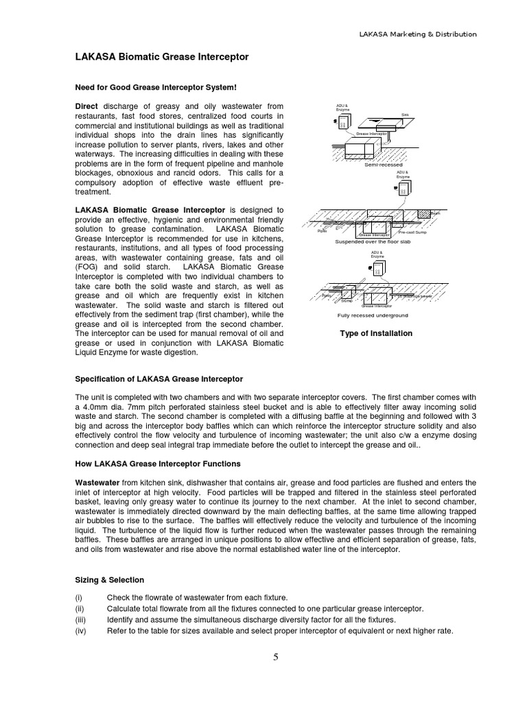 LAKASA Biomatic Grease Interceptor Guide | PDF | Sewage Treatment ...