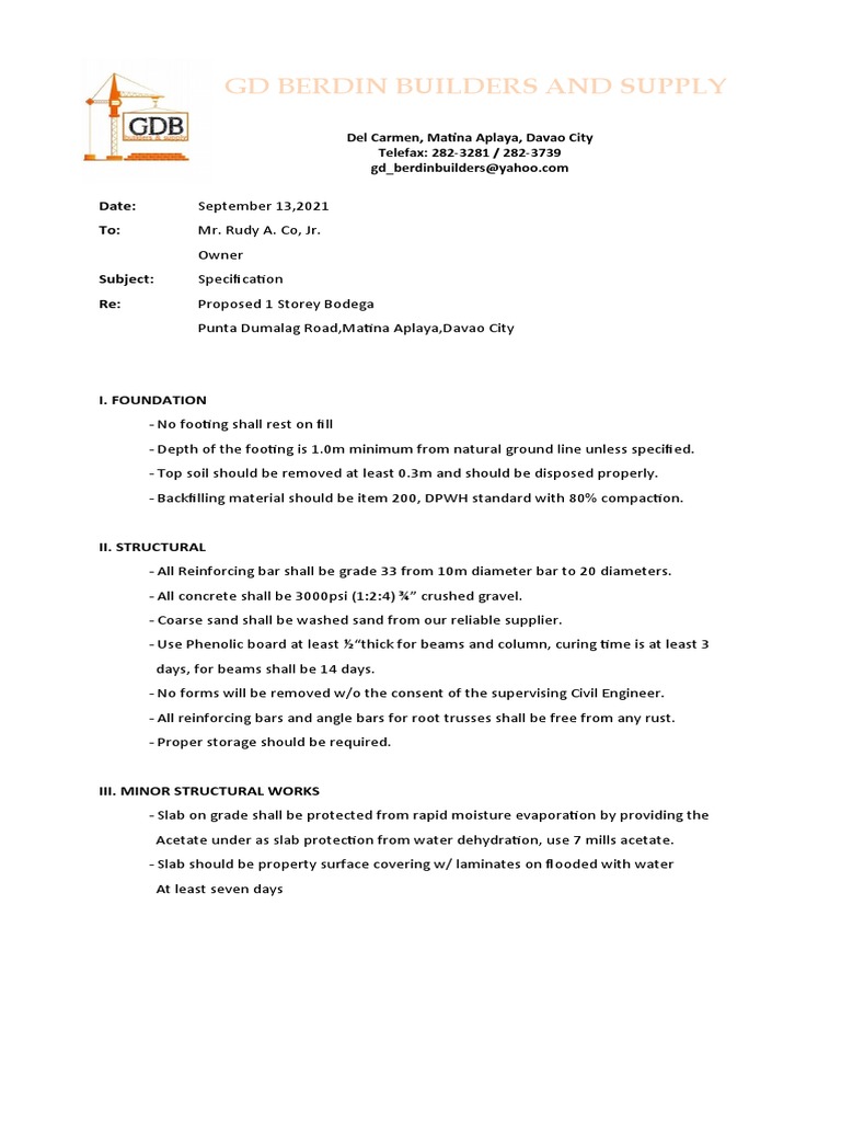 Matina Aplaya 1 Specification | PDF | Concrete | Building Materials