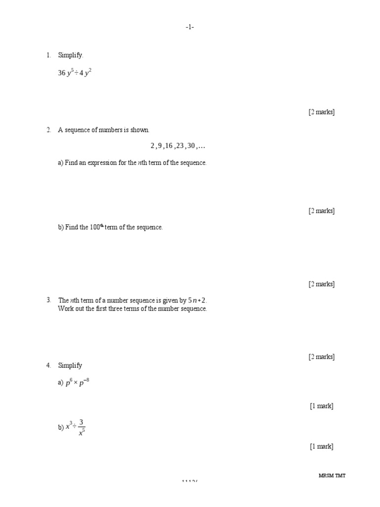 Soalan MPC 1 F2 | PDF | Mathematics | Arithmetic