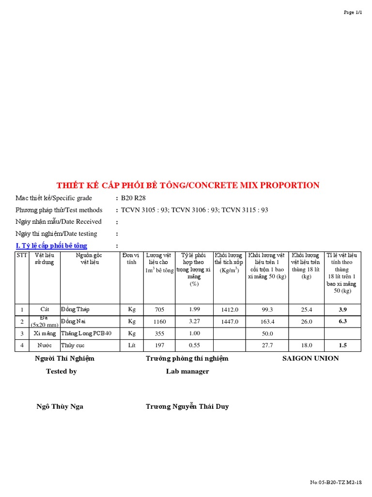 Thiết Kế Cấp Phối Bê Tông/Concrete Mix Proportion:: B20 R28: TCVN 3105: ...