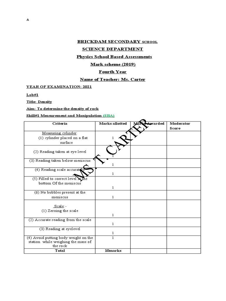 Physics SBA Markschemes 2021 (Ms. Blackman) | PDF | Density | Weight