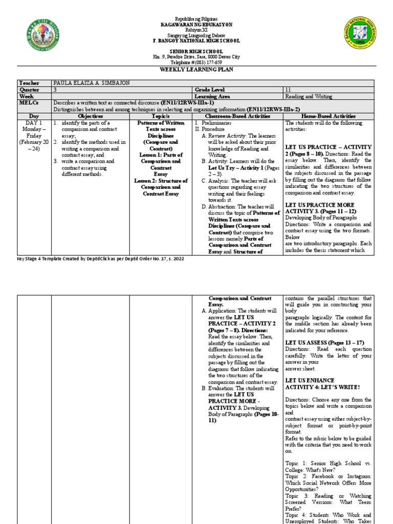WLP - Q3 W1-2 - Reading and Writing | PDF | Essays | Rubric (Academic)