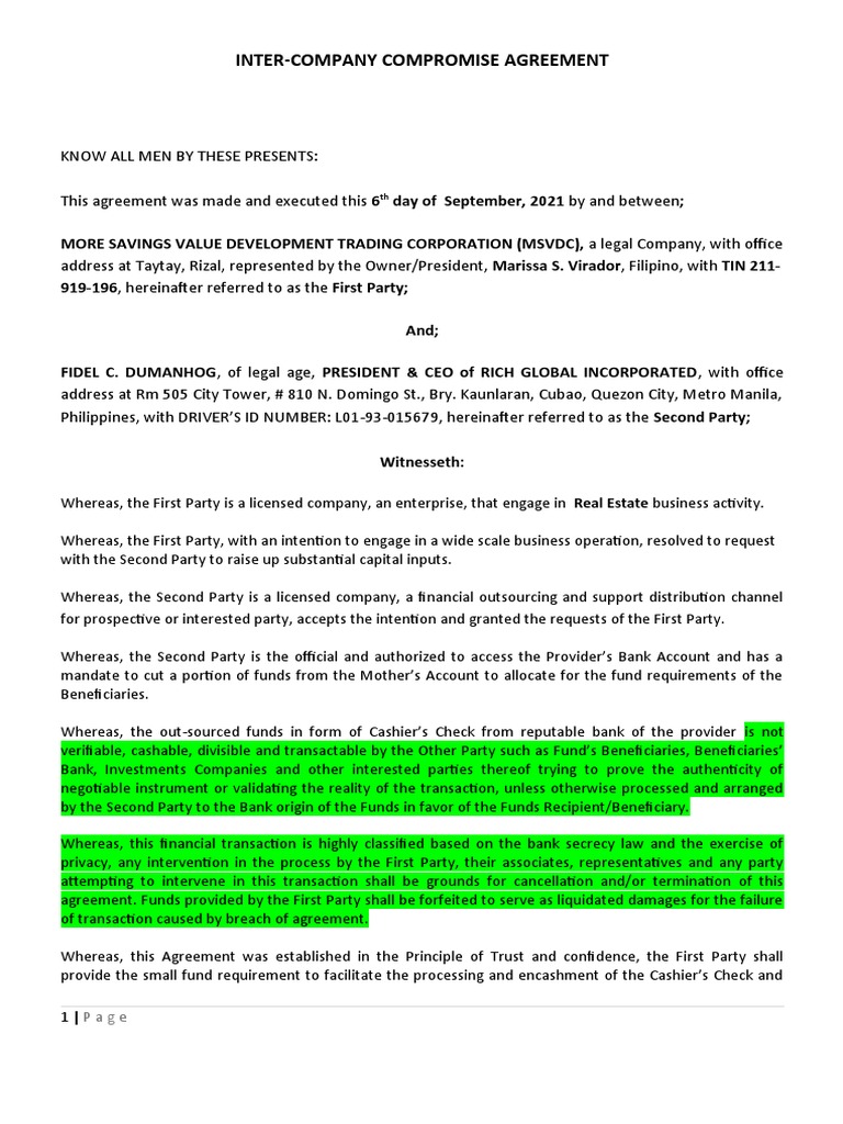 DRAFT-inter Company Side Agreement Rich Global-Marissa | PDF | Non ...