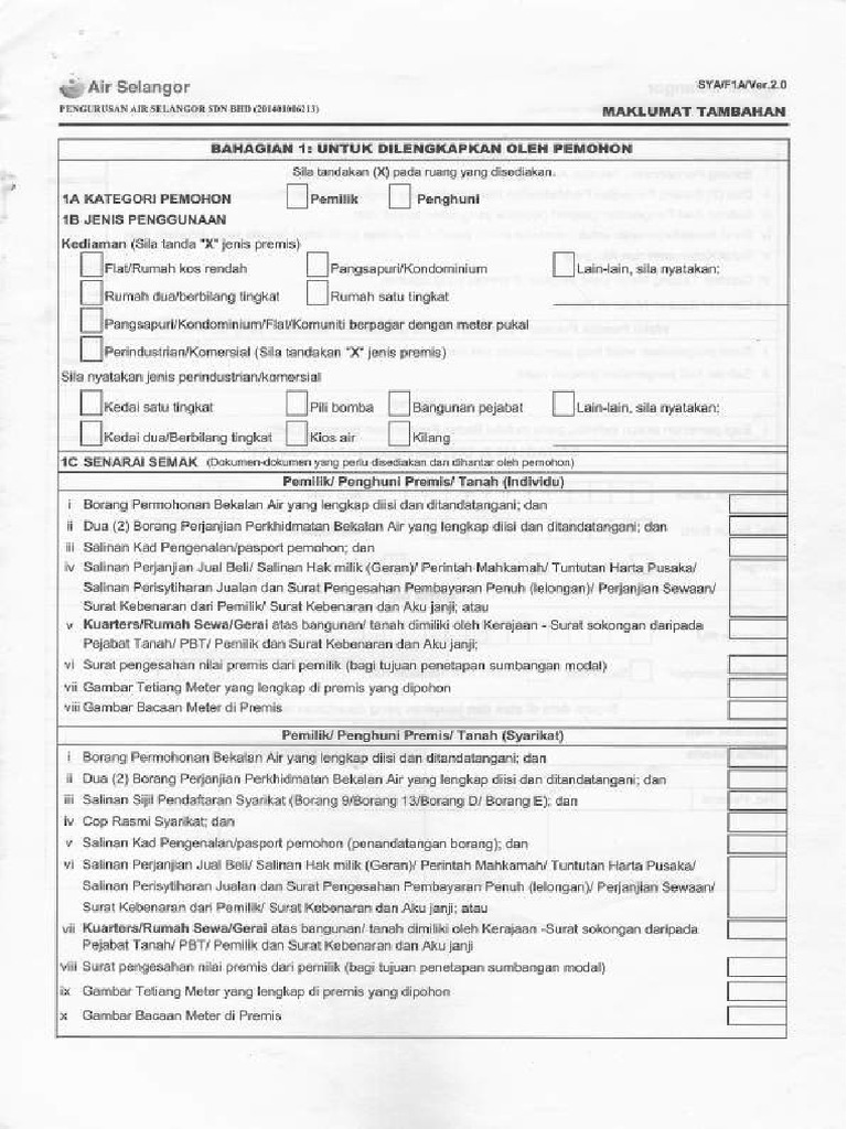 Air Selangor Apply Form (Sample) | PDF