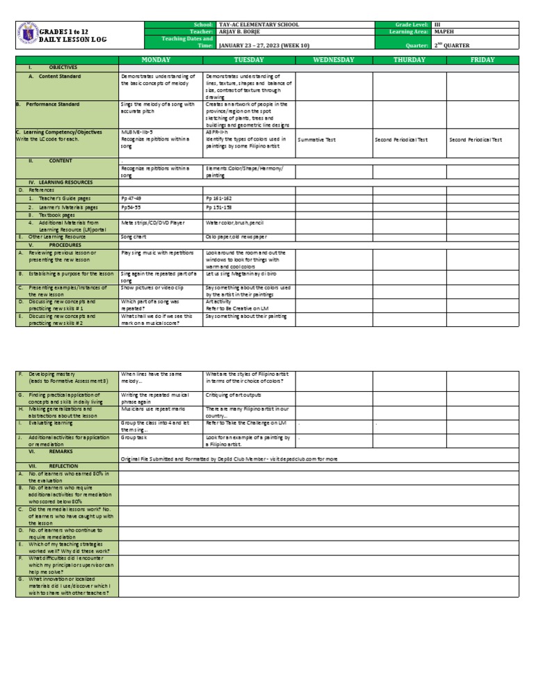 DLL - Mapeh 3 - Q2 - W10 | PDF | Learning | Behavior Modification