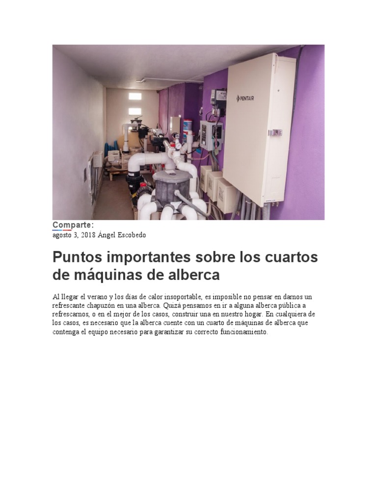 Cuartos de máquinas de alberca: equipos y especificaciones | PDF | Piscina | Cloro