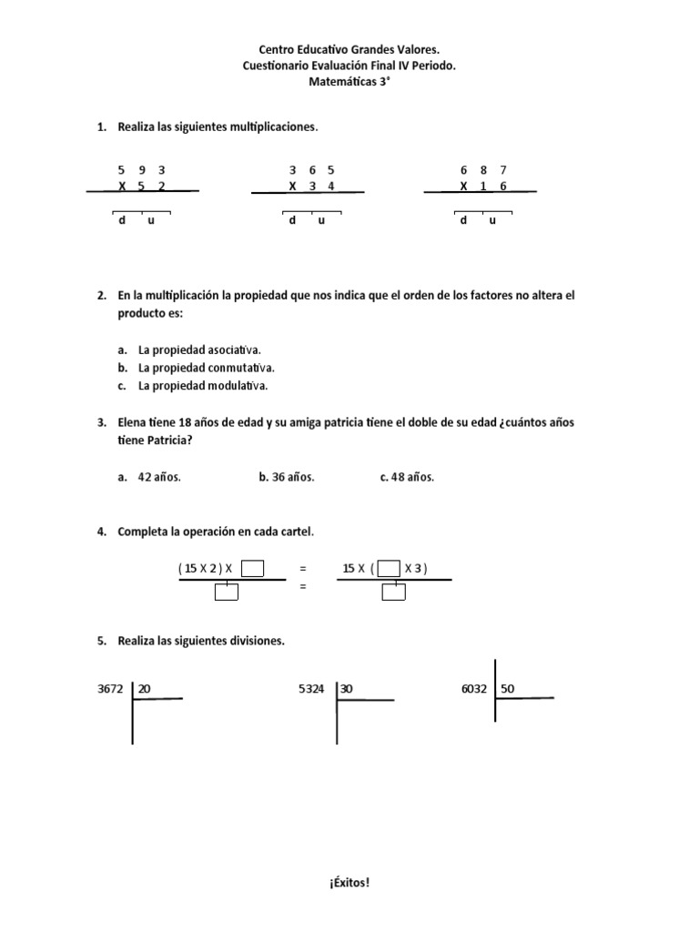 Cuestionario Matematicas 3 | PDF | Multiplicación | Matemáticas