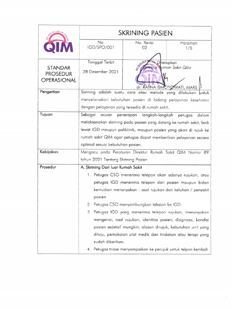 SPO IGD NO 001 - SKRINING PASIEN - Rev2 PDF | PDF