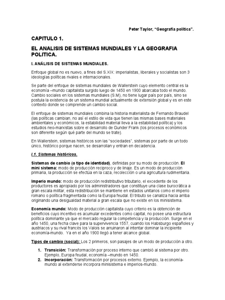 Resumen, Peter Taylor Cap. 1, 2 y 3. | PDF | Guerra Fría | Teoría de sistemas mundiales