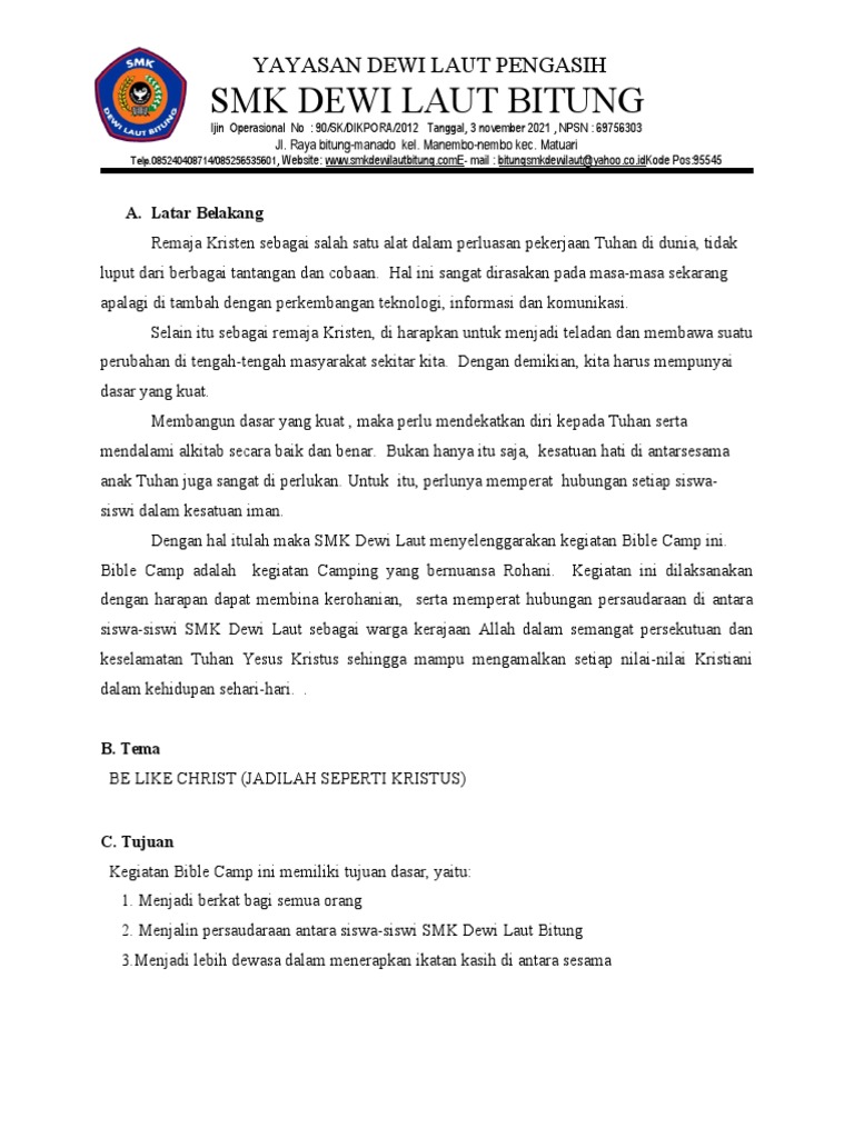 Proposal Bible Camp SMK Dewi Laut | PDF