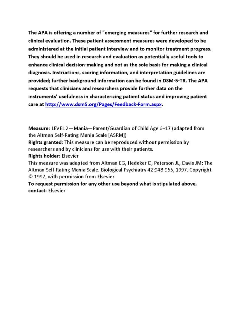 APA - DSM5TR - Level 2 Mania Parent of Child Age 6 To 17 | PDF | Mania ...