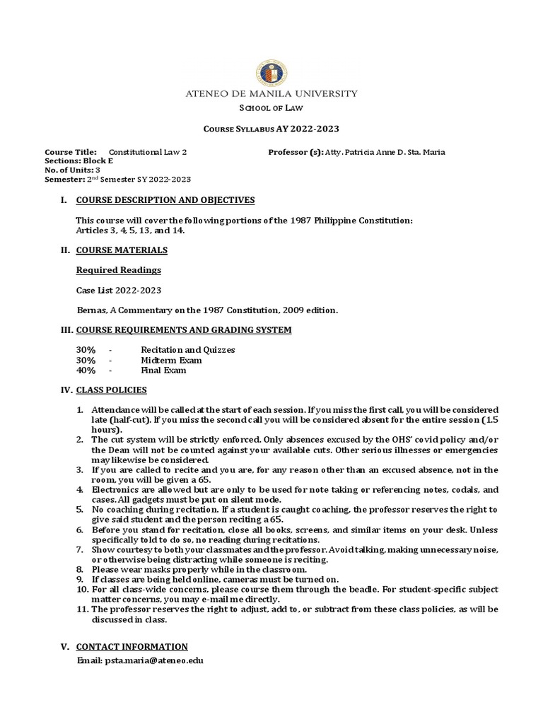 Syllabus-Consti-II-ATTY. PATTY STA MARIA (ALS) | PDF