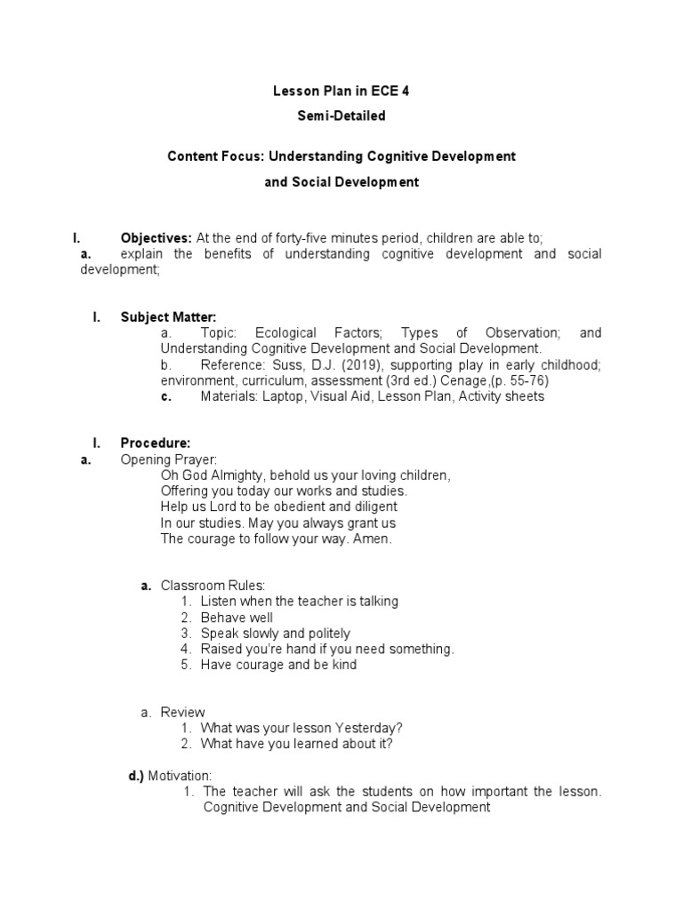 Lesson Plan in ECE 4 Semi Detailed | PDF | Cognitive Development ...