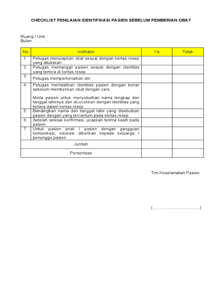 5.3.1 Ep 1 Checklist Penilaian Identifikasi Pasien Sebelum Pemberian Obat | PDF | Pengembangan ...