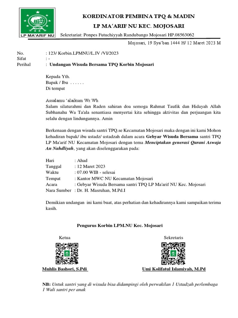 Undangan Wisuda TPQ Tahun 2023 | PDF