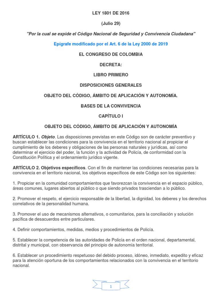 Ley 1801 De 2016 Pdf Pdf Policía Ley Administrativa