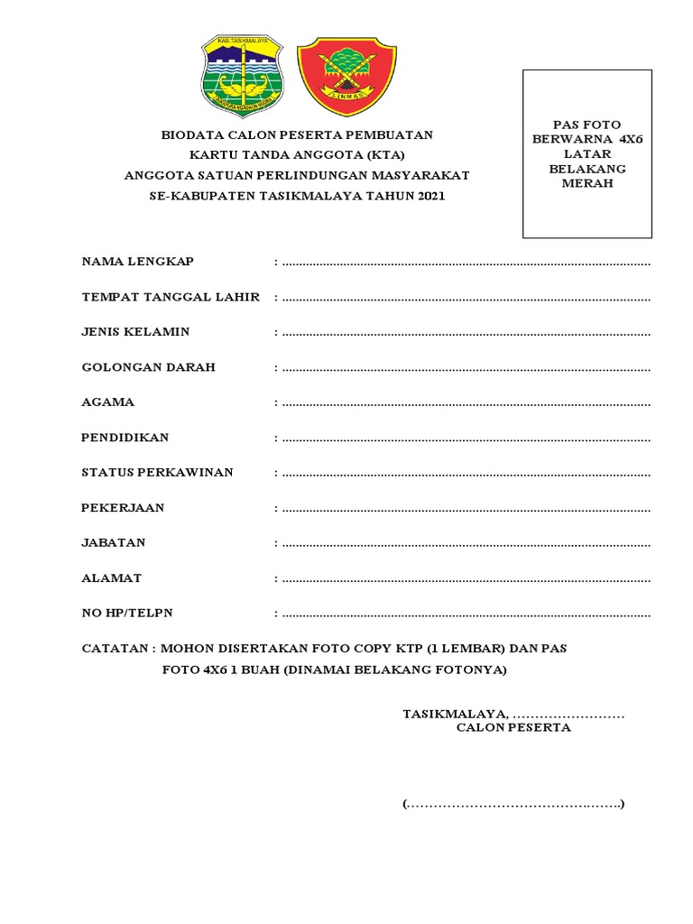 Biodata Calon Peserta Pembuatan Kta Linmas | PDF