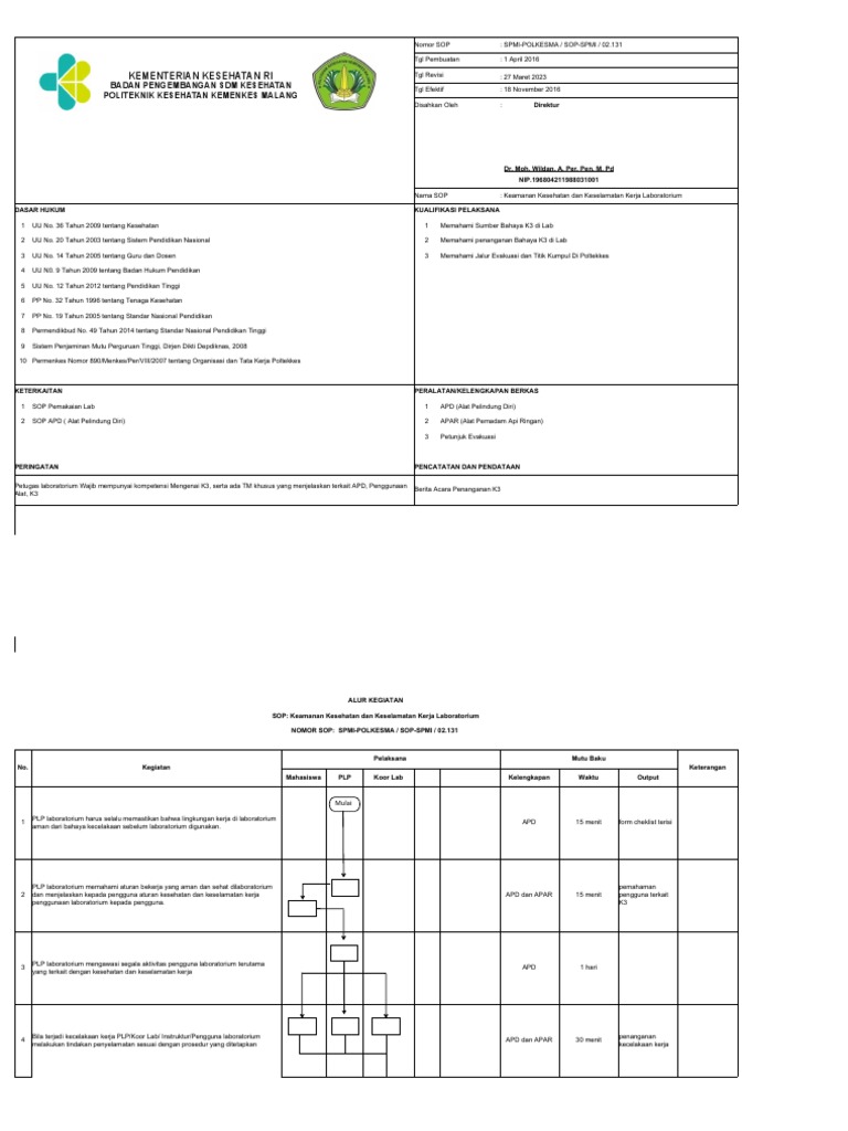 SOP Keamanan Kesehatan Dan Keselamatan Kerja Laboratorium | PDF | Teknologi & Rekayasa