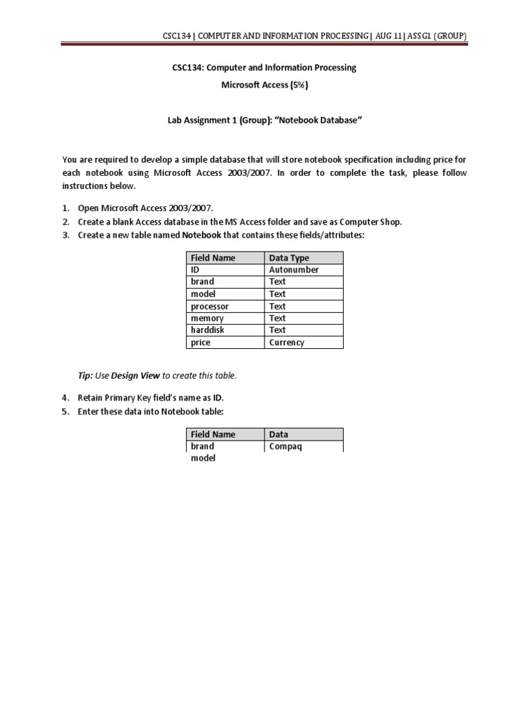 Notebook Database: Developing a Simple Microsoft Access Database to ...