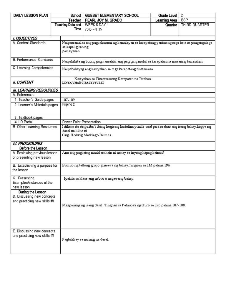 Daily Lesson Plan in Esp Week 5 | PDF