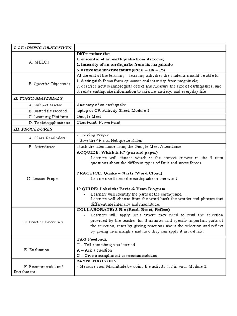 Lesson Exemplar - Quarter 2 - Grade 8 | PDF | Earthquakes | Learning