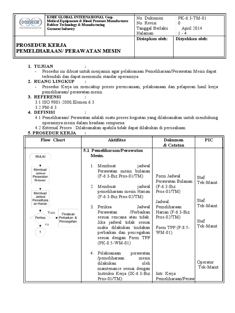 PK-6.3-TM-01 Prosedur Kerja Pemeliharaan - Perawatan Mesin | PDF ...