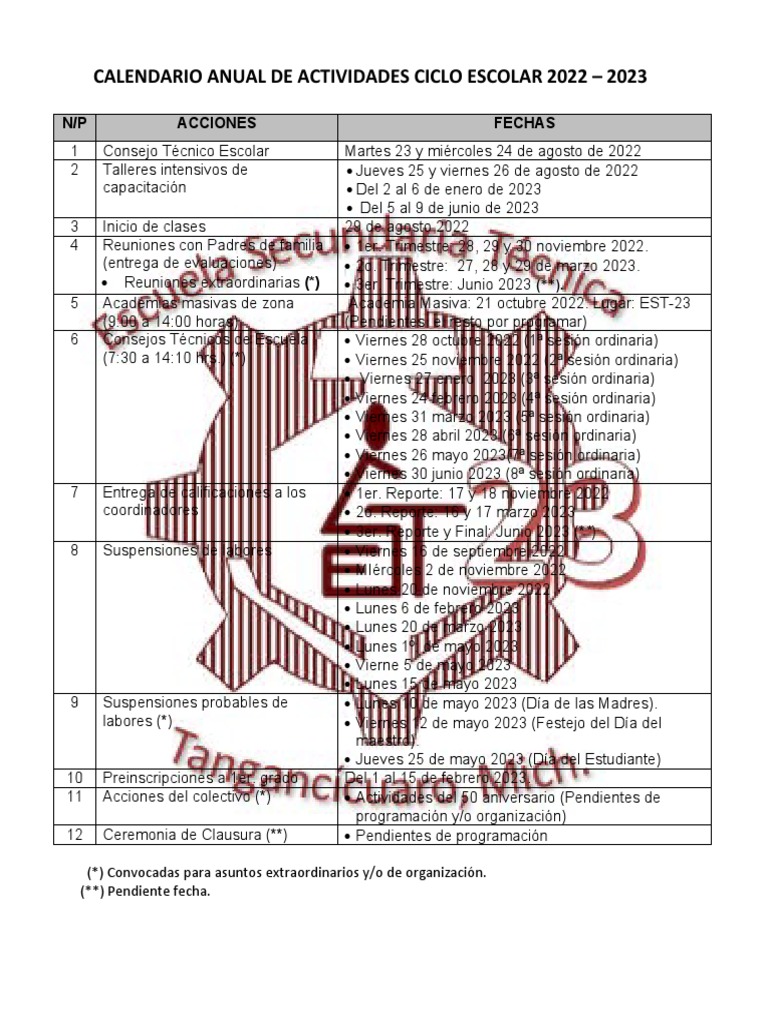Calendario de Actividades Escolares 2022-2023 | PDF
