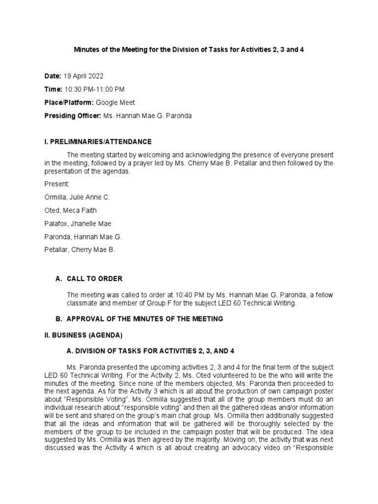 Minutes Meeting Div Tasks Act 2-4 | PDF