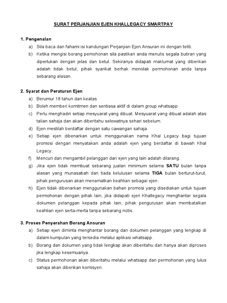 Surat Perjanjian Ejen Ansuran Khal Legacy | PDF