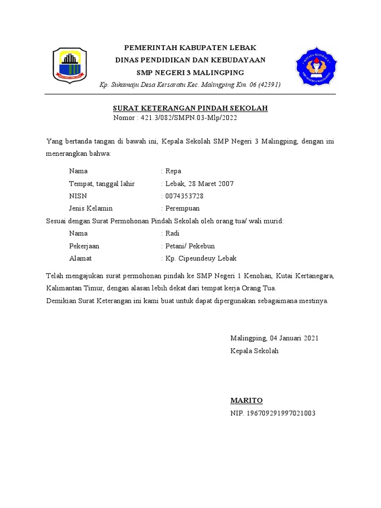 Surat Keterangan Pindah Sekolah | PDF