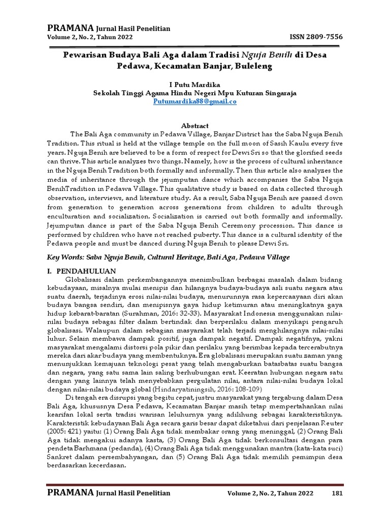 Mewarisi Budaya dalam Tradisi Agraris Nguja Benih di Desa Pedawa Bali Aga | PDF