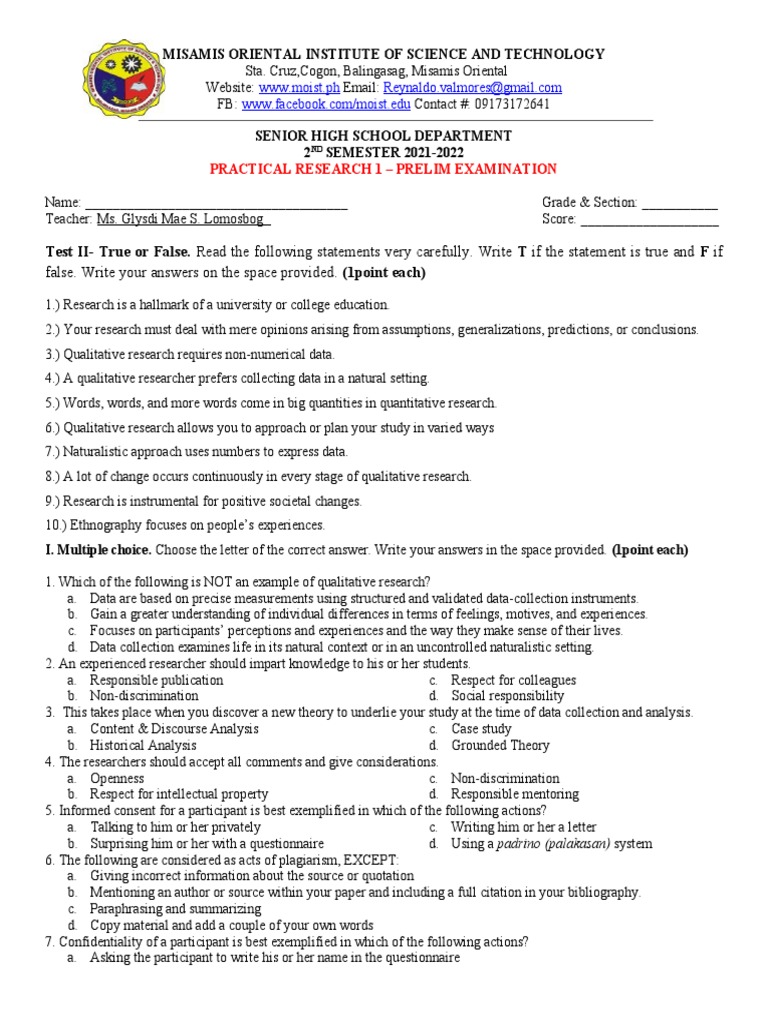 PR1 - Prelim Exam | PDF | Qualitative Research | Data