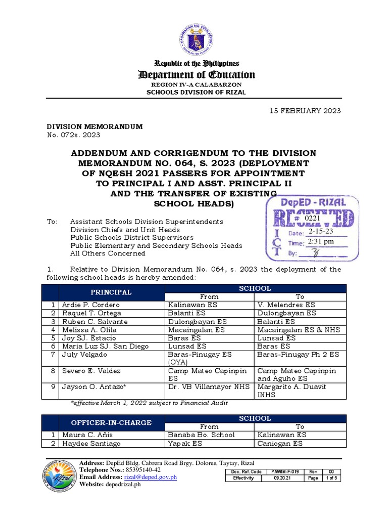 DepEd Rizal Memo Amends School Head Deployments | PDF